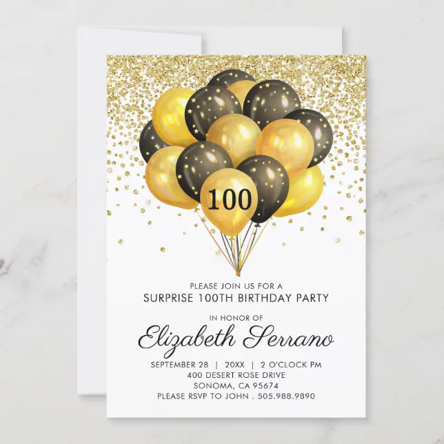Invitación 100.ª Sorpresa Cumpleaños Party Black Gold Purpuri | Zazzle.es