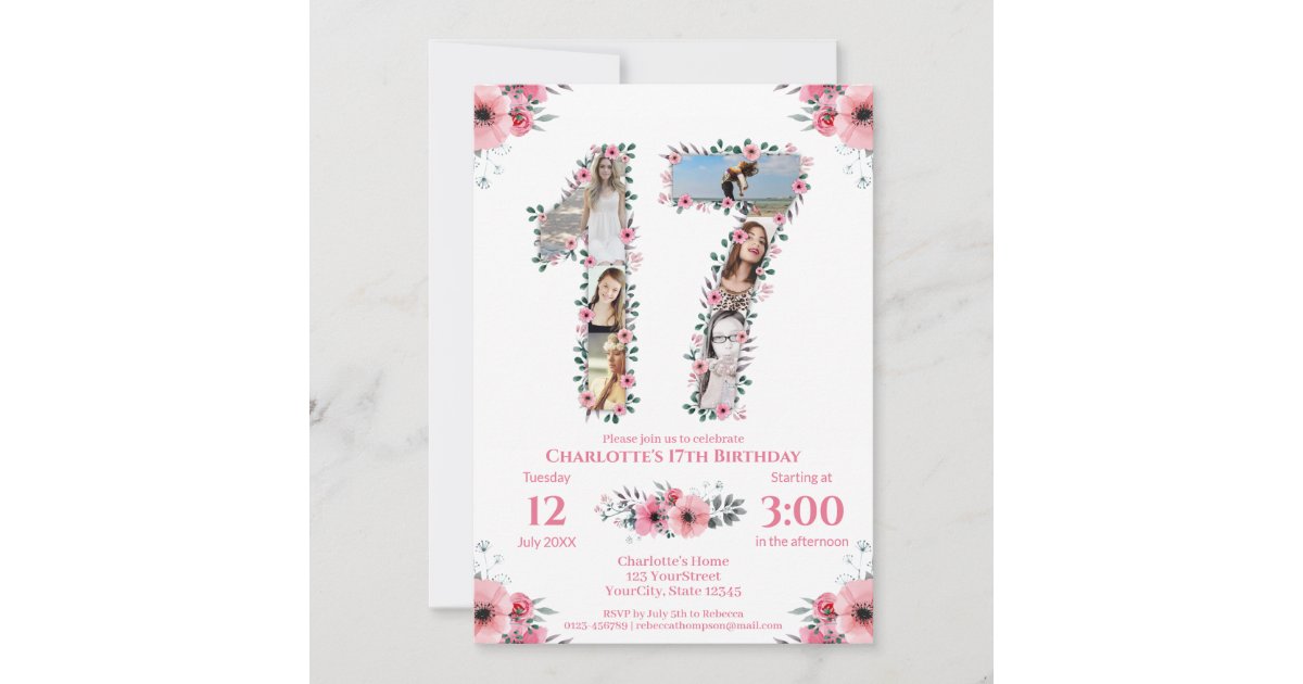 Invitación 17.º Collage de fotos Chica de cumpleaños Flor ros | Zazzle.es