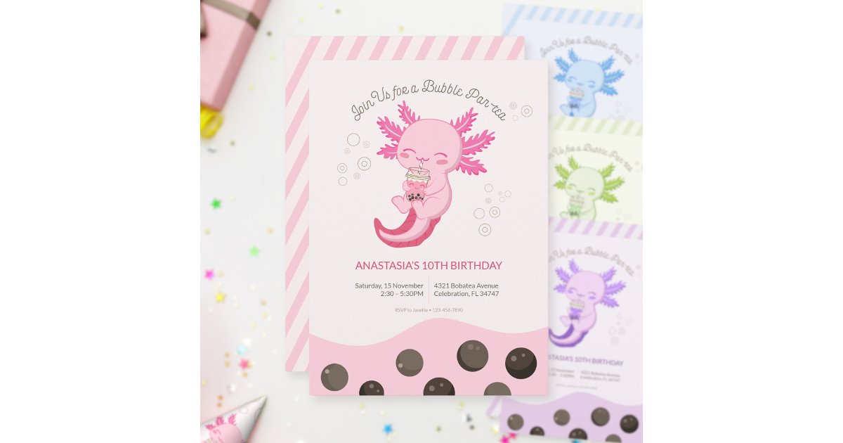 Invitación Axolotl rosa Bubble Boba Tea Chica Cumpleaños | Zazzle.es