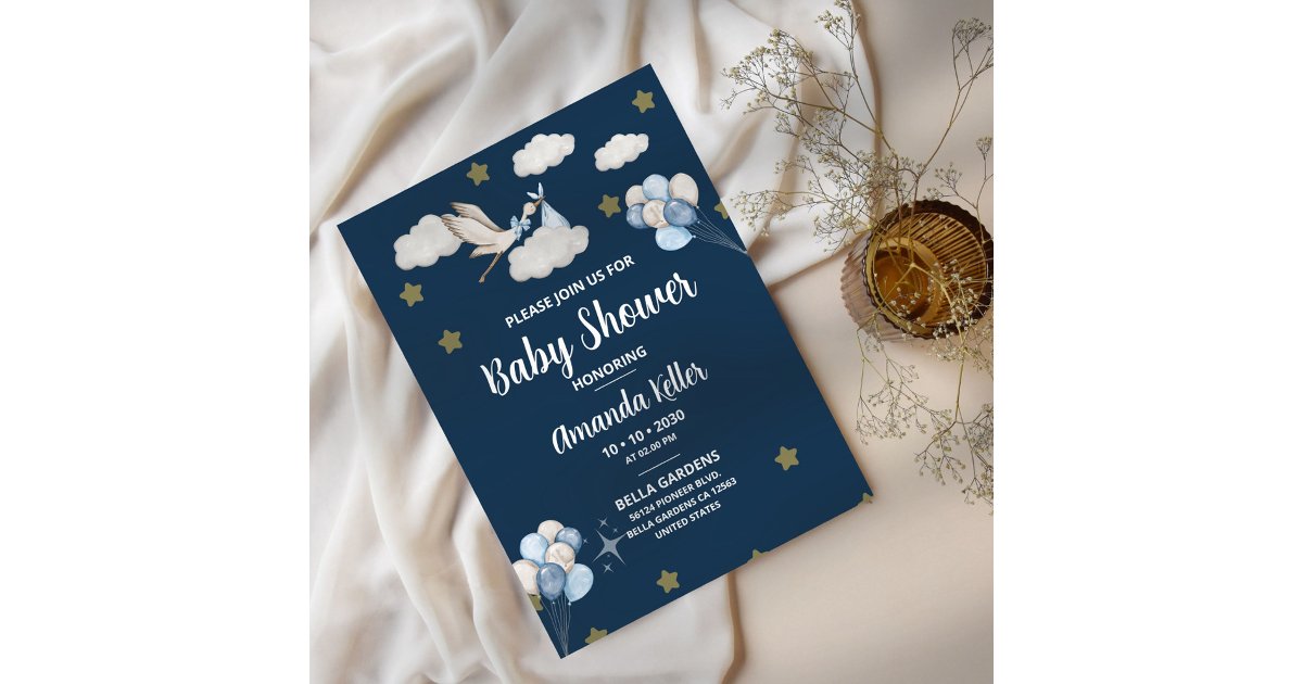 Invitación Baby Shower Sky Stork de la noche de la marina | Zazzle.es