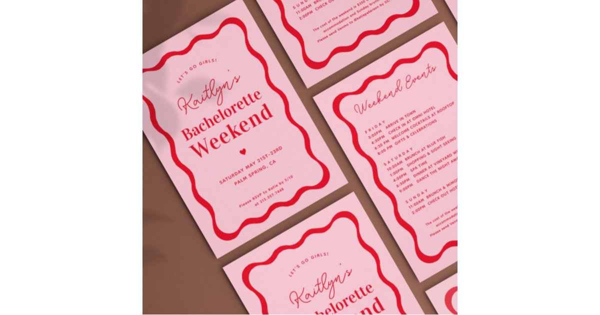 Invitación Bachelorette de fin de semana de onda rosa y roja | Zazzle.es