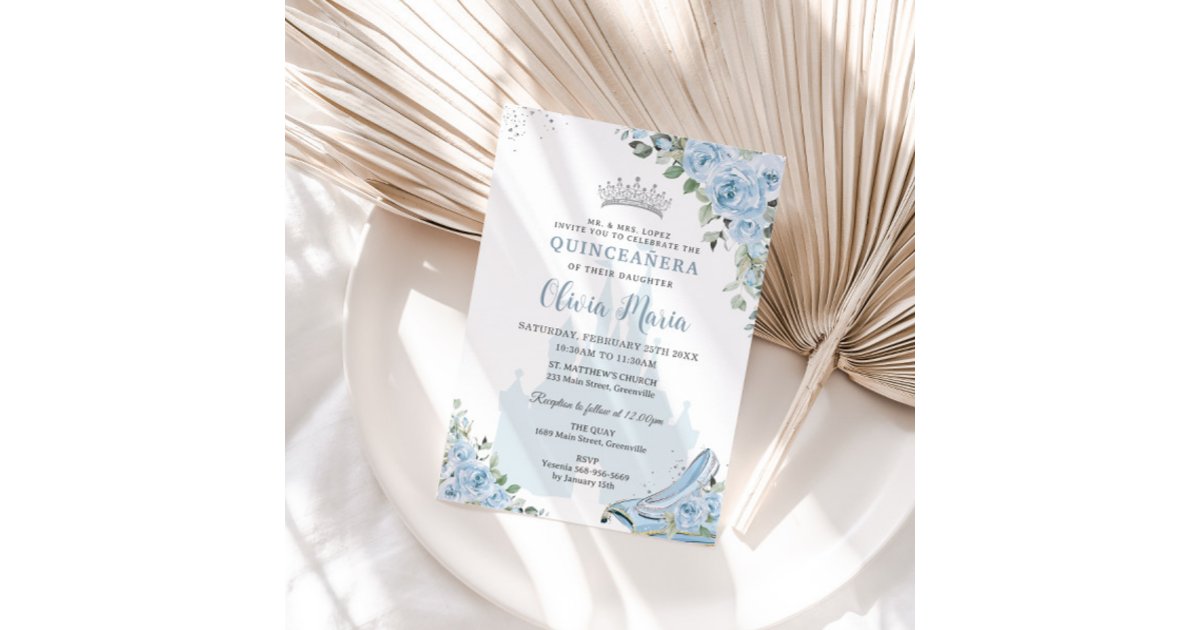 Invitación Bebé Azul Floral Princesa Glass Shoe Quinceañera | Zazzle.es
