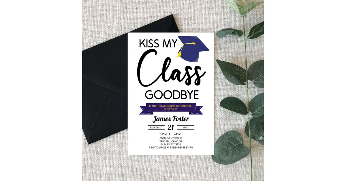 Invitación Besa mi clase Adiós azul negro graduación | Zazzle.es