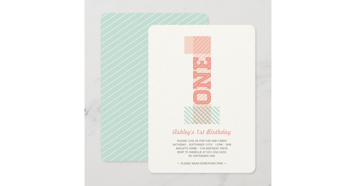 Invitación Big Number 1 Stripes Baby Girl Primer Fiesta de cu | Zazzle.es
