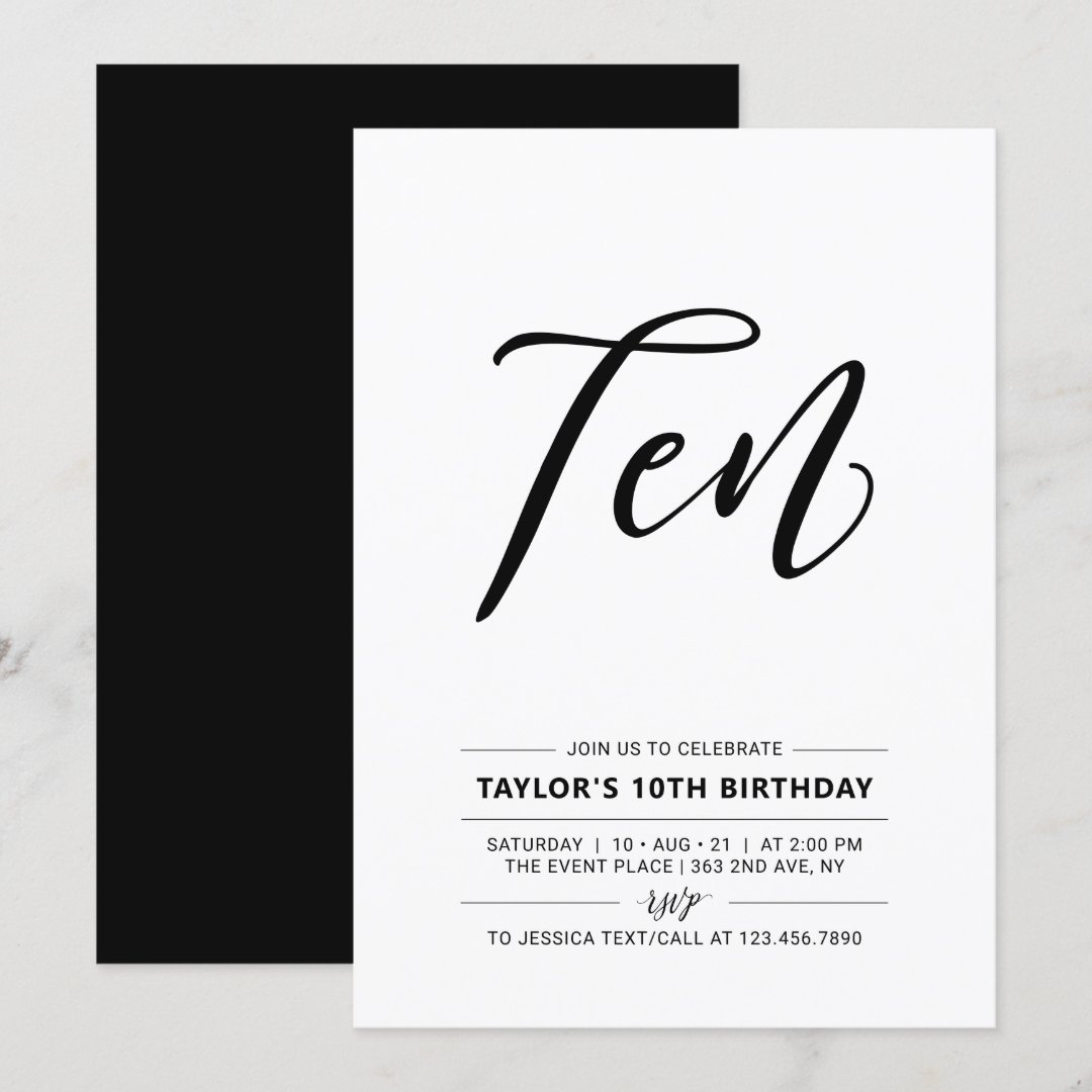 Invitación Blanco y Negro Simple 10.ª fiesta de cumpleaños ad | Zazzle.es
