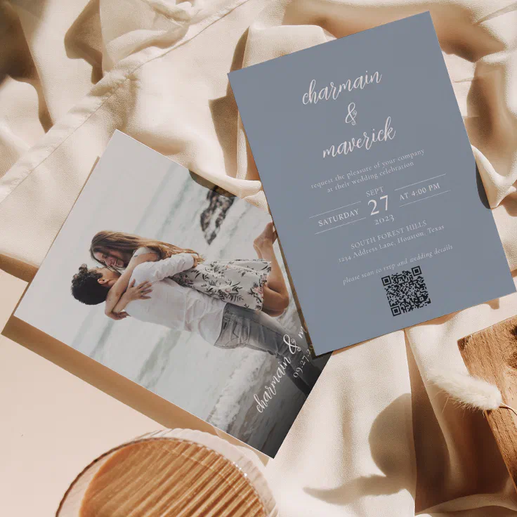 Invitación Boda de código QR con guion azul y polvo simple | Zazzle.es