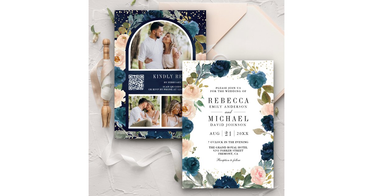 Invitación Boda de código QR de foto floral azul marino y azu | Zazzle.es