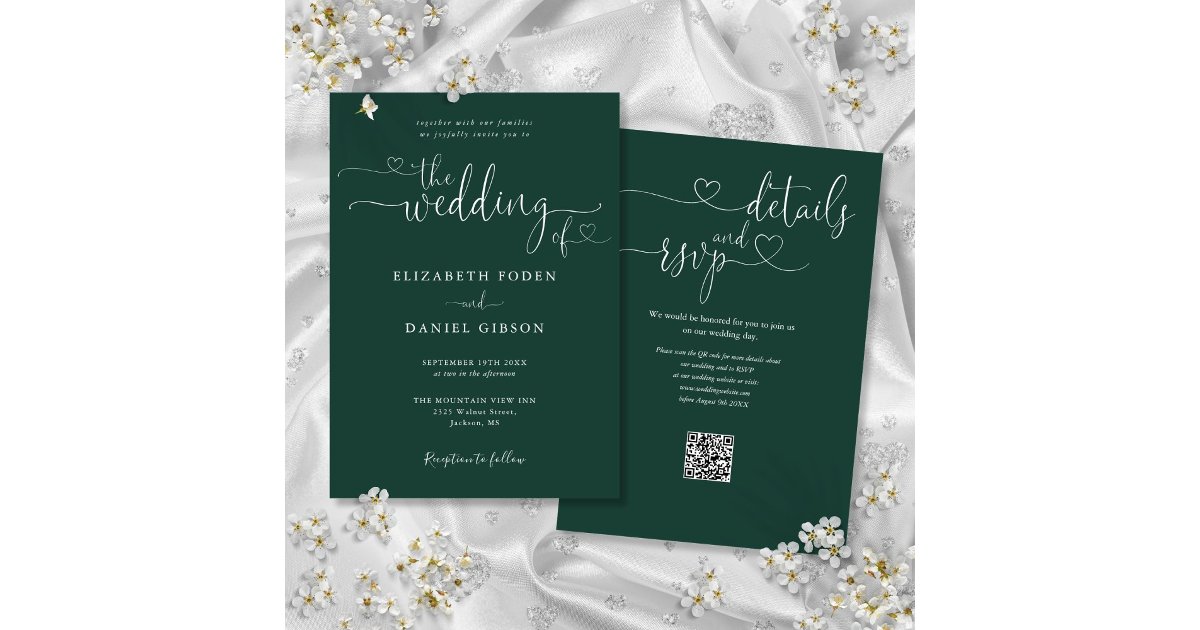 Invitación Boda de código QR de guión de corazón verde esmera | Zazzle.es