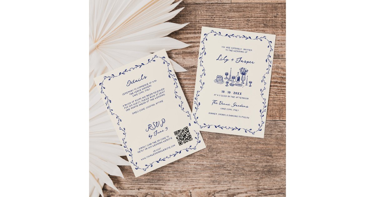 Invitación Boda de código QR dibujado con una mano azul | Zazzle.es
