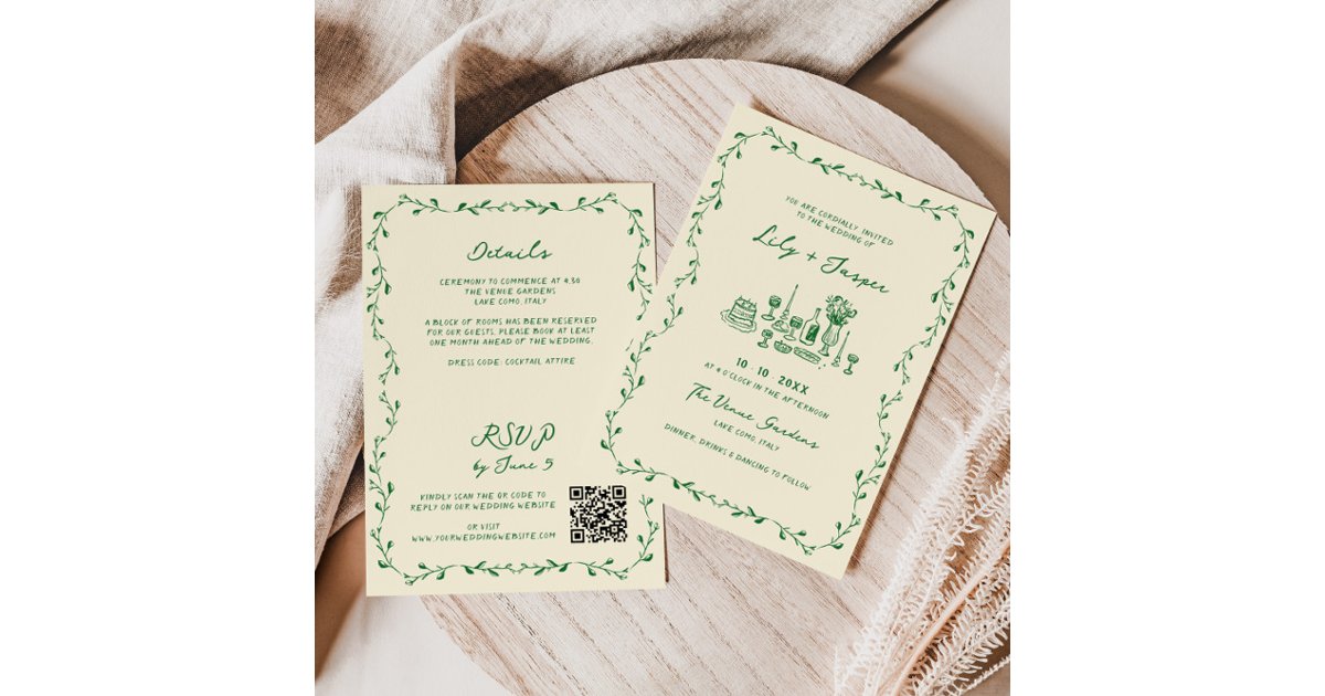Invitación Boda de código QR dibujado con una mano verde | Zazzle.es