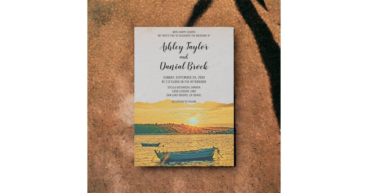 Invitación Boda de destino del atardecer náutico de la embarc | Zazzle.es