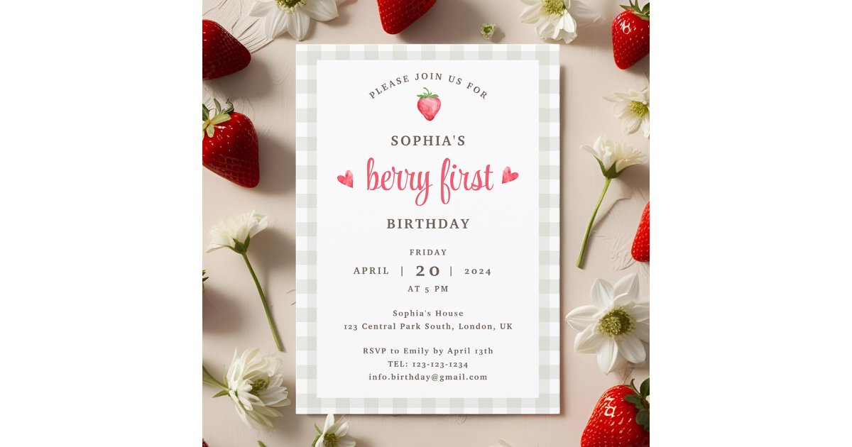 Invitación Búfalo Check Chica Berry Primer Cumpleaños | Zazzle.es