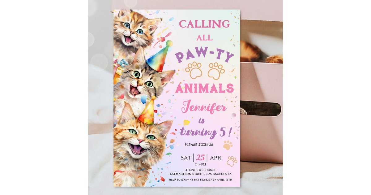 Invitación Chica de la fiesta de cumpleaños de Cat Pawty 5 cu | Zazzle.es