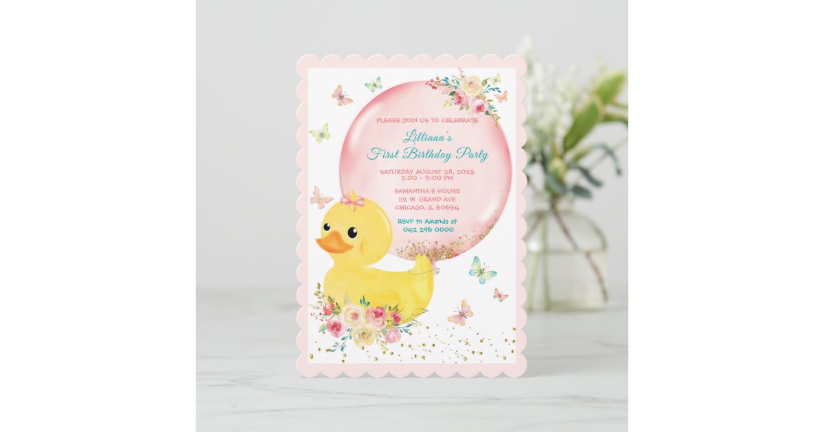 Invitación Chica Pink RUBBER DUCK Primer cumpleaños | Zazzle.es