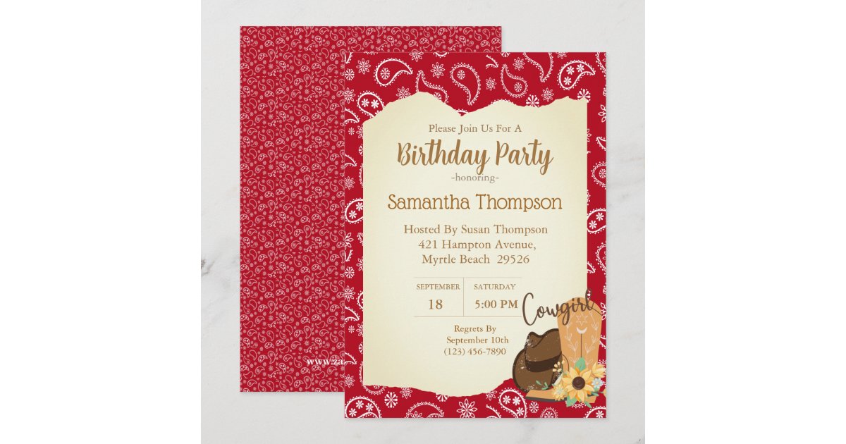 Invitación Chicas Cowboy Cumpleaños Banda Roja Girasol | Zazzle.es