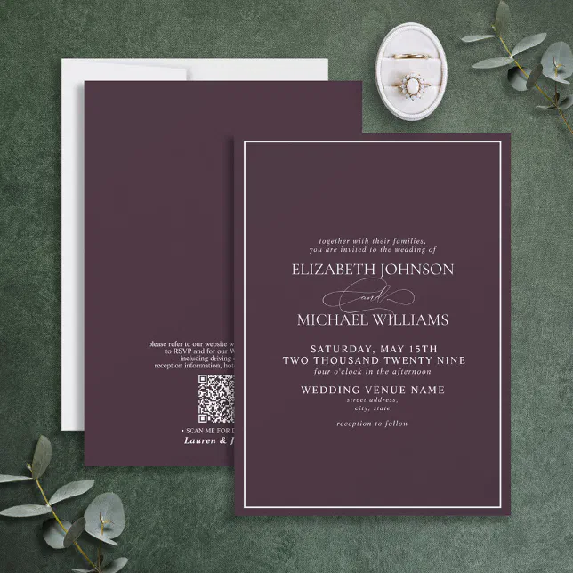 Invitación Código QR Boda de guión clásico púrpura formal | Zazzle.es