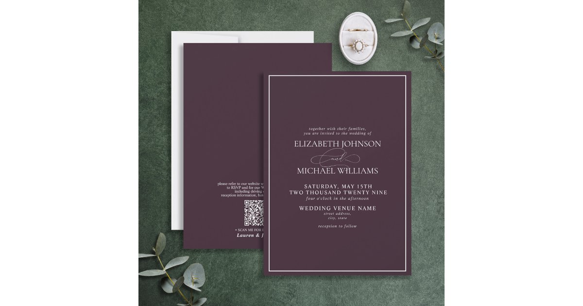 Invitación Código QR Boda de guión clásico púrpura formal | Zazzle.es