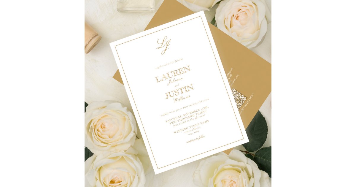 Invitación Código QR Boda de Monograma con guión dorado clási | Zazzle.es