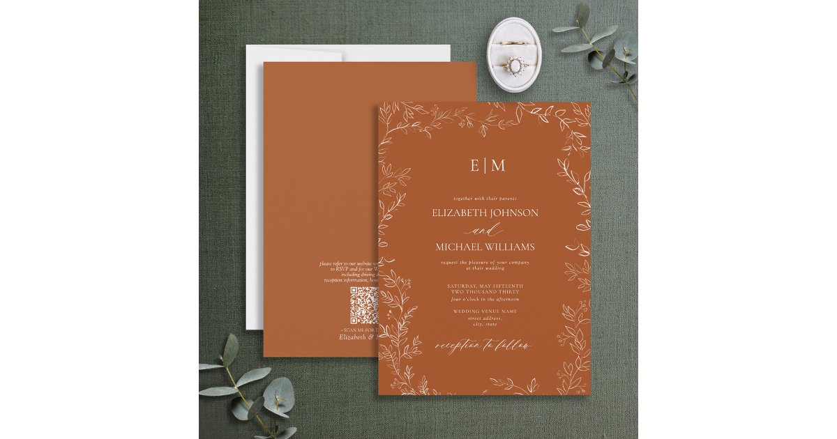 Invitación Código QR Elegante Naranja Quemado de hojas Monogr | Zazzle.es