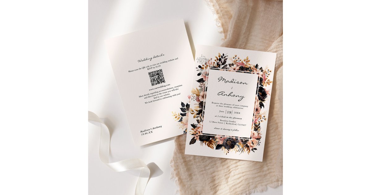 Invitación Código QR floral boda negro y dorado 2 en 1 | Zazzle.es