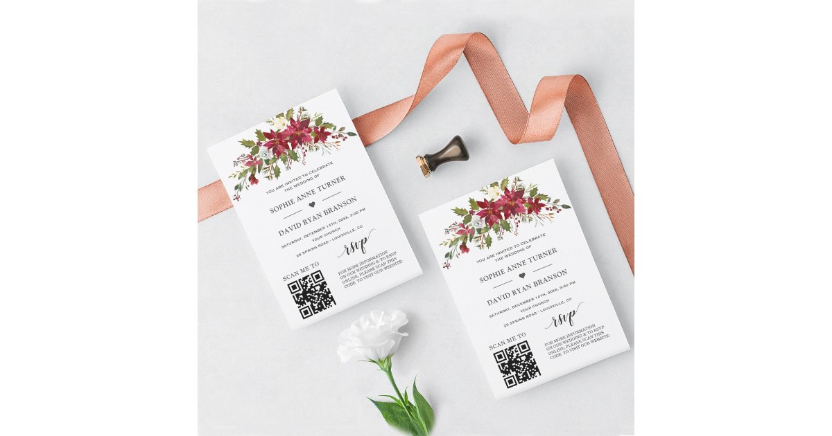 Invitación Código QR Poinsettia Floral Gold Boda | Zazzle.es