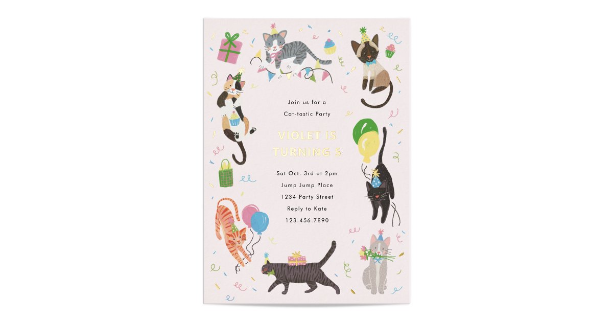 Invitación Con Relieve Metalizado Cat-Tastic Kitty Cat Fiesta de ...