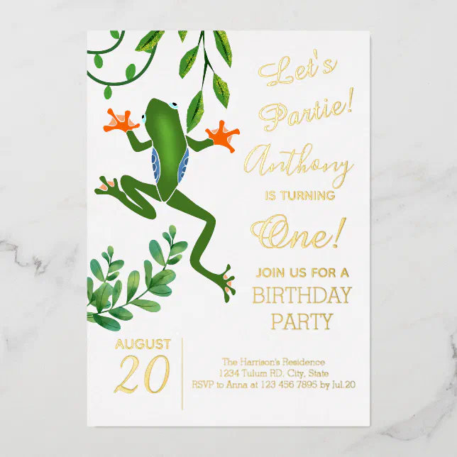 Invitación Con Relieve Metalizado La rana fiesta de primer cumpleaños ...