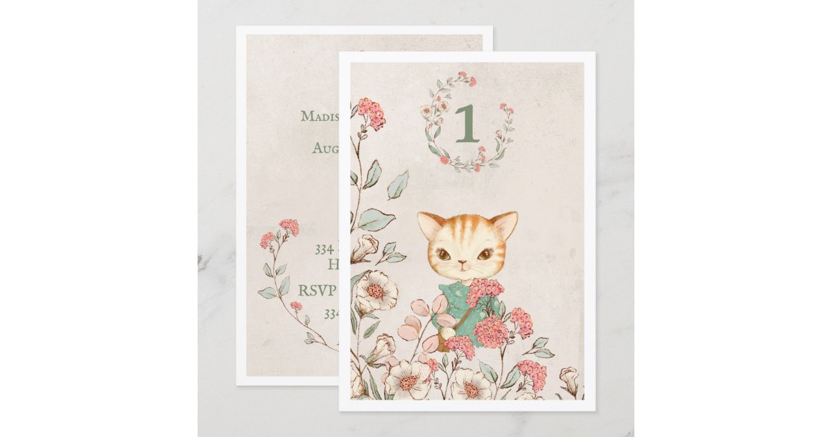 Invitación Cute Cat Floral Girly primer cumpleaños | Zazzle.es