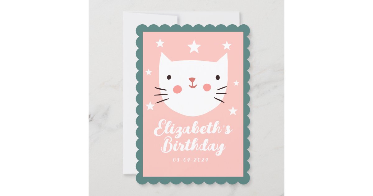 Invitación Cute Cat Pink Green Purple Stars Cumpleaños | Zazzle.es