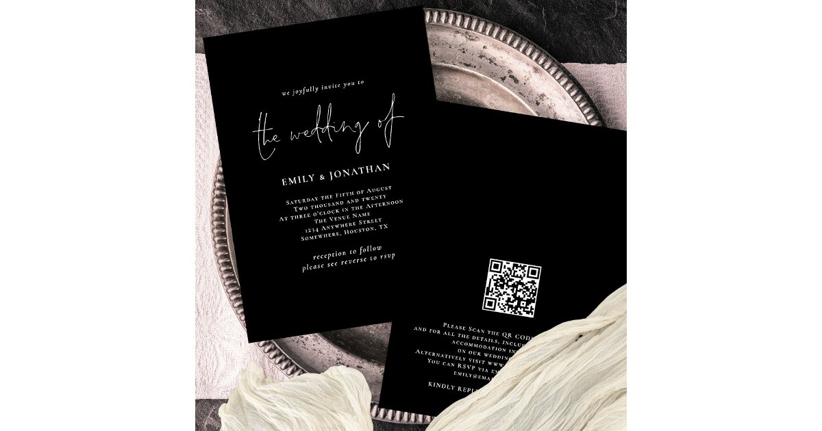 Invitación Elegante código QR de escritura blanca Boda negro | Zazzle.es
