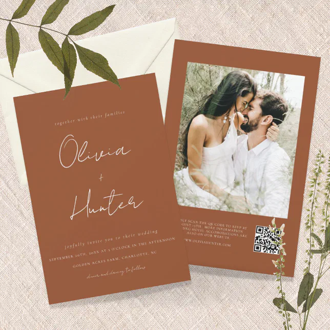 Invitación Elegante código QR Terracota todo en un Boda | Zazzle.es
