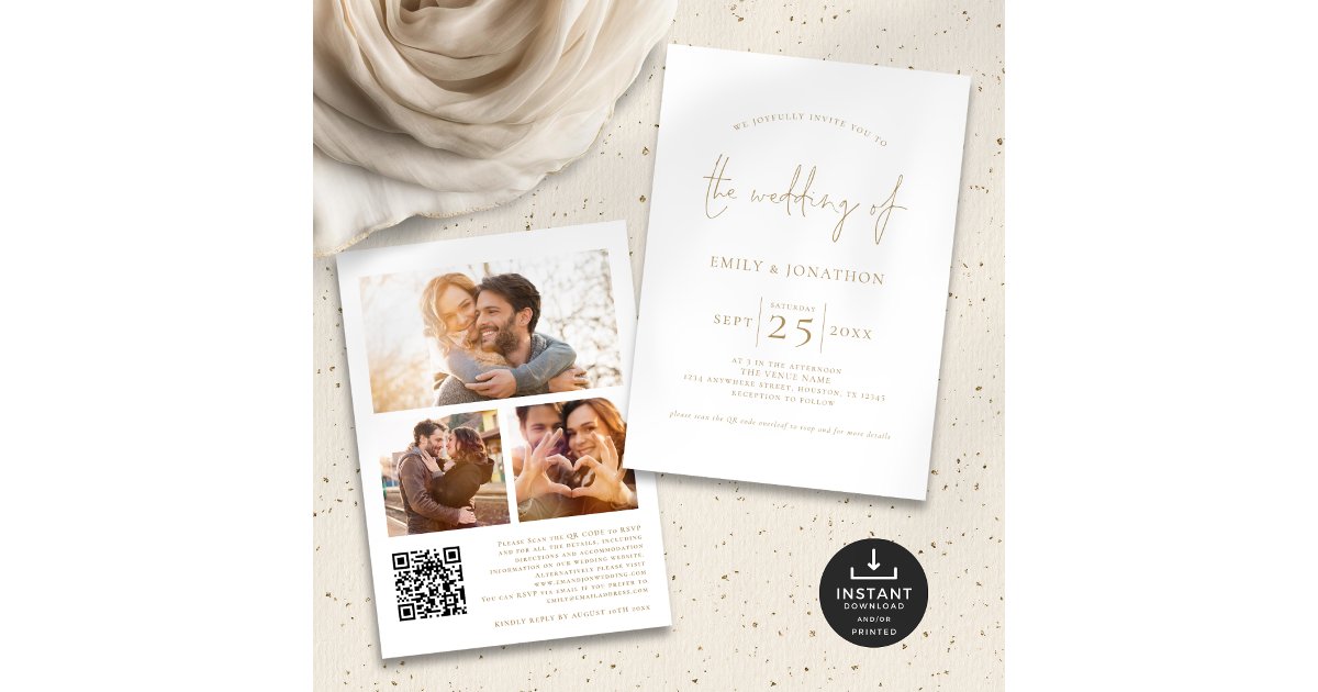 Invitación Elegante Guión Dorado 3 Fotos Boda de código QR | Zazzle.es