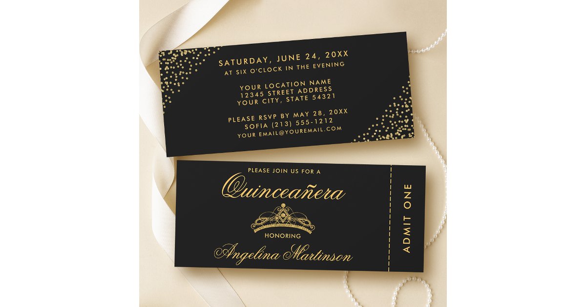 Invitación Elegante Quinceanera Gold y Black Ticket | Zazzle.es