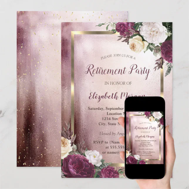 Invitación Elegante retiro de marco dorado floral de Borgoña | Zazzle.es