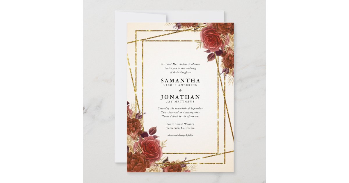 Invitación Elegante Terracota Flores Purpurina Boda | Zazzle.es