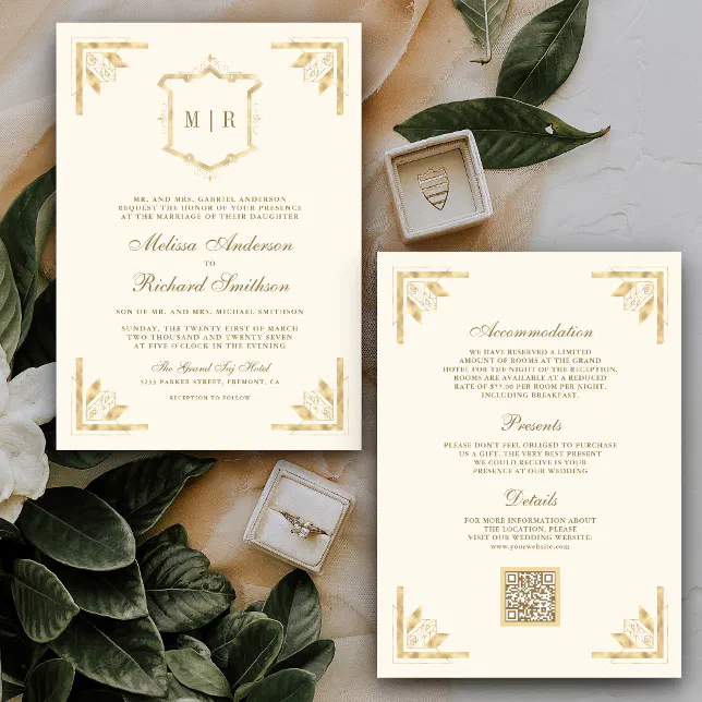 Invitación Escudo dorado Monograma Código QR Código Crema Bod | Zazzle.es