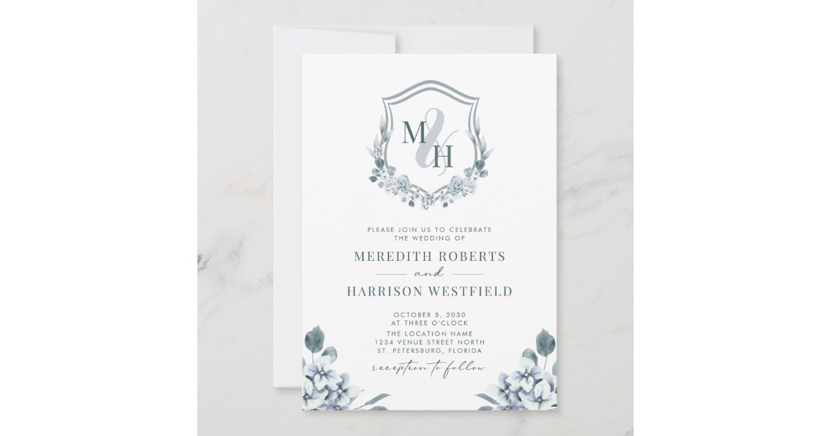 Invitación Escudo Monograma Código QR Boda Floral azul turbio | Zazzle.es