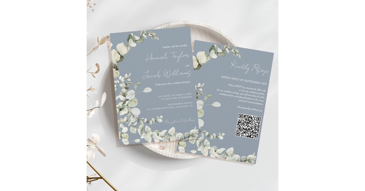 Invitación Eucalyptus Código QR Boda azul turbio | Zazzle.es