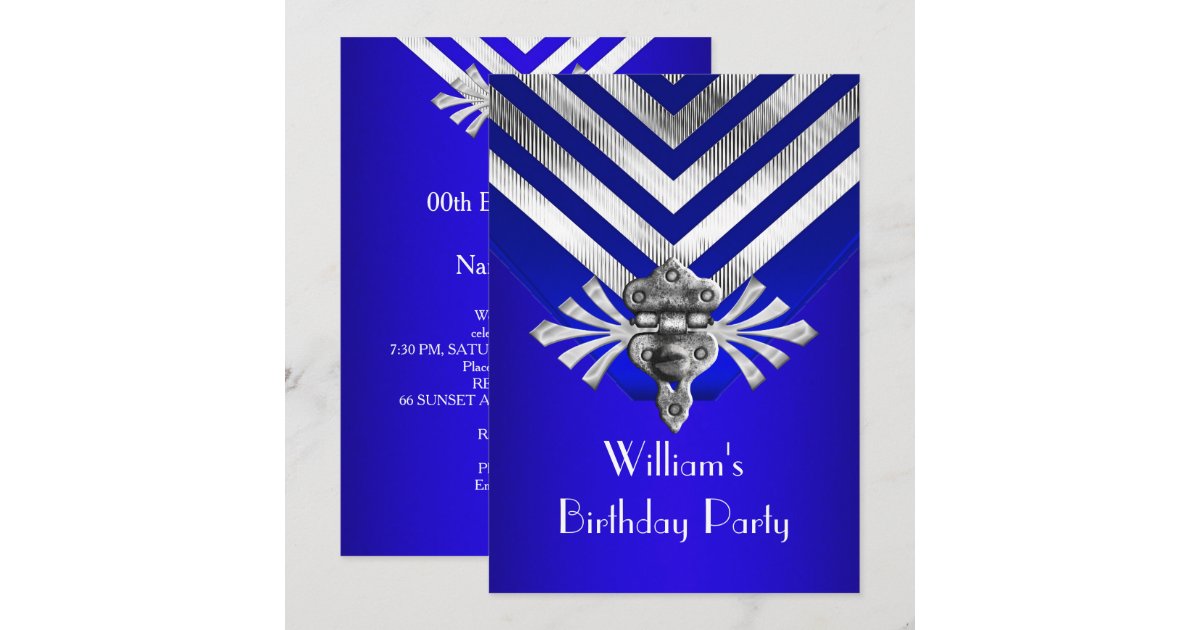Invitación Fiesta de cumpleaños azul real de banda de plata | Zazzle.es