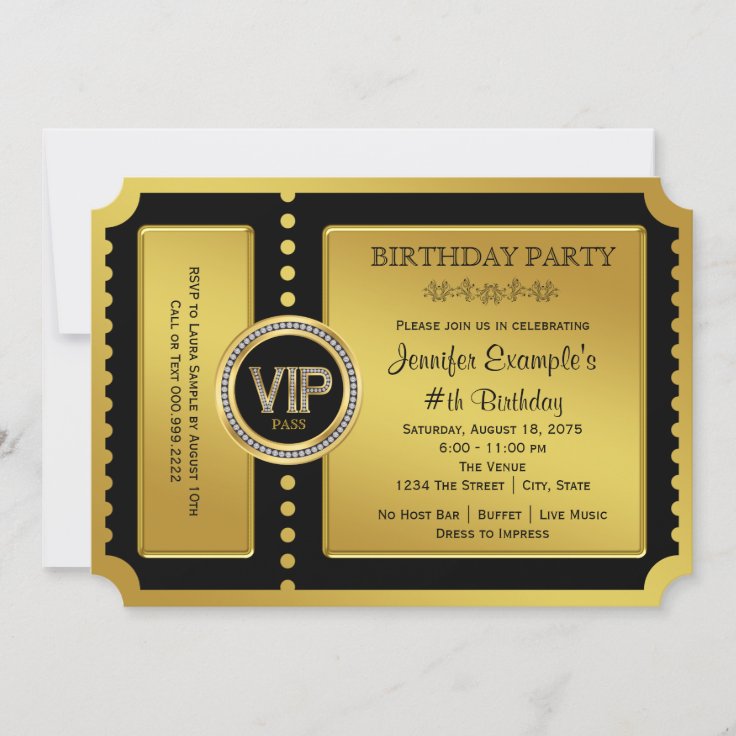 Invitación Fiesta de cumpleaños del Ticket de oro VIP | Zazzle.es