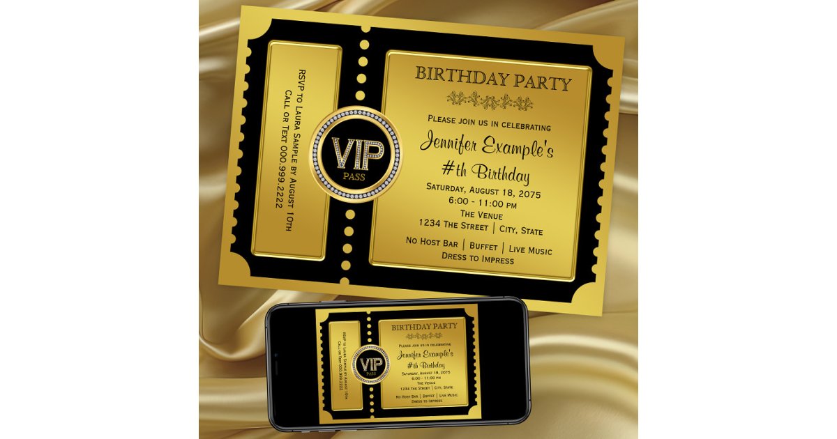 Invitación Fiesta de cumpleaños del Ticket de oro VIP | Zazzle.es