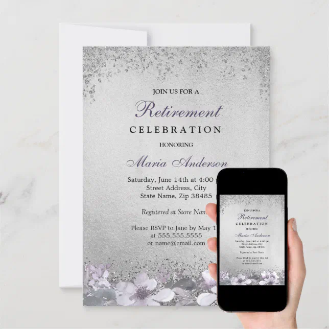 Invitación Fiesta de retiro de shimmer de plata morada | Zazzle.es