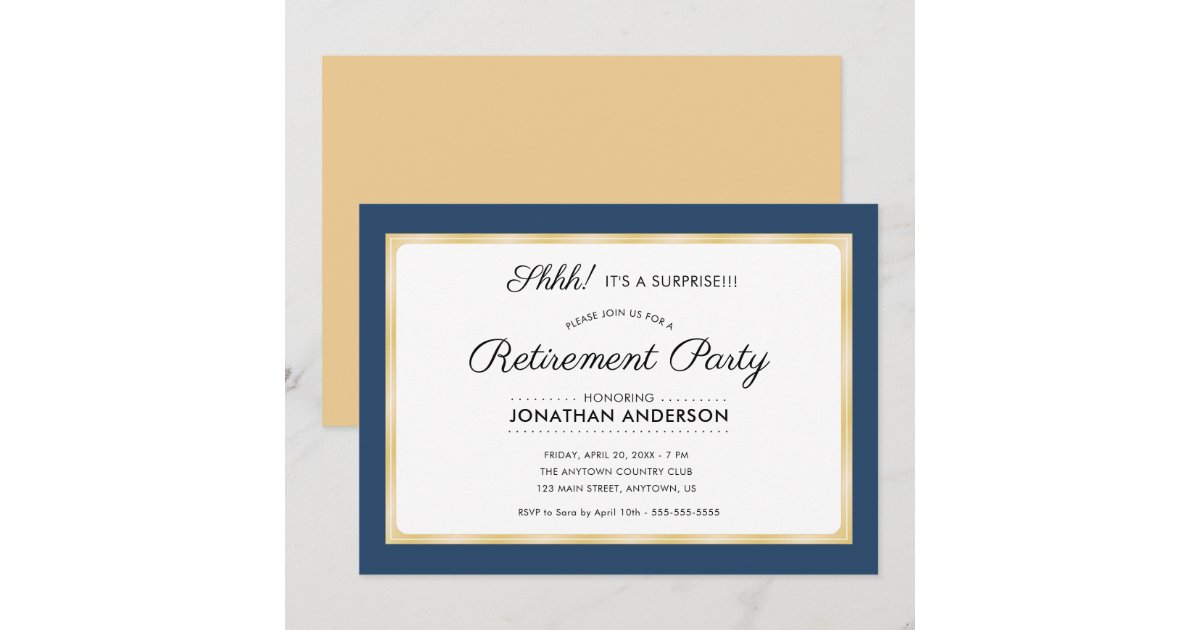 Invitación Fiesta de retiro de sorpresas Azul horizontal y or | Zazzle.es