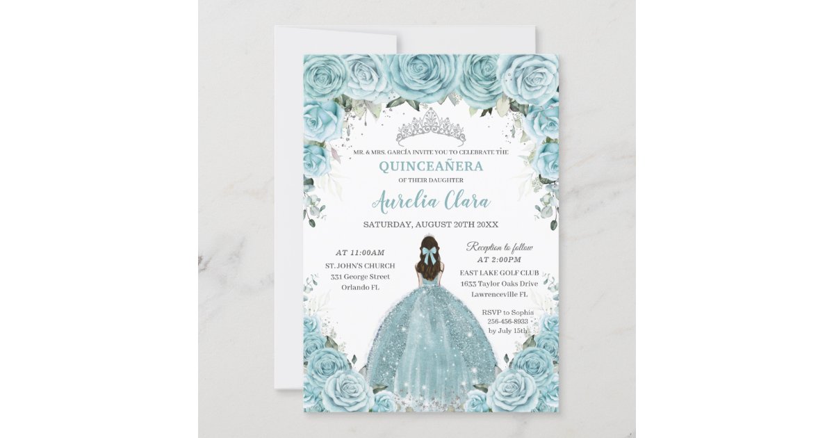 Invitación Floral azul turquesa Princesa Plata Quinceañera | Zazzle.es