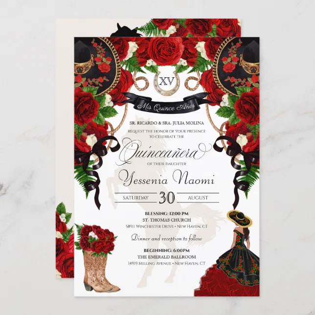Invitación Floral de rosa roja Mariachi Charro Quinceanera | Zazzle.es