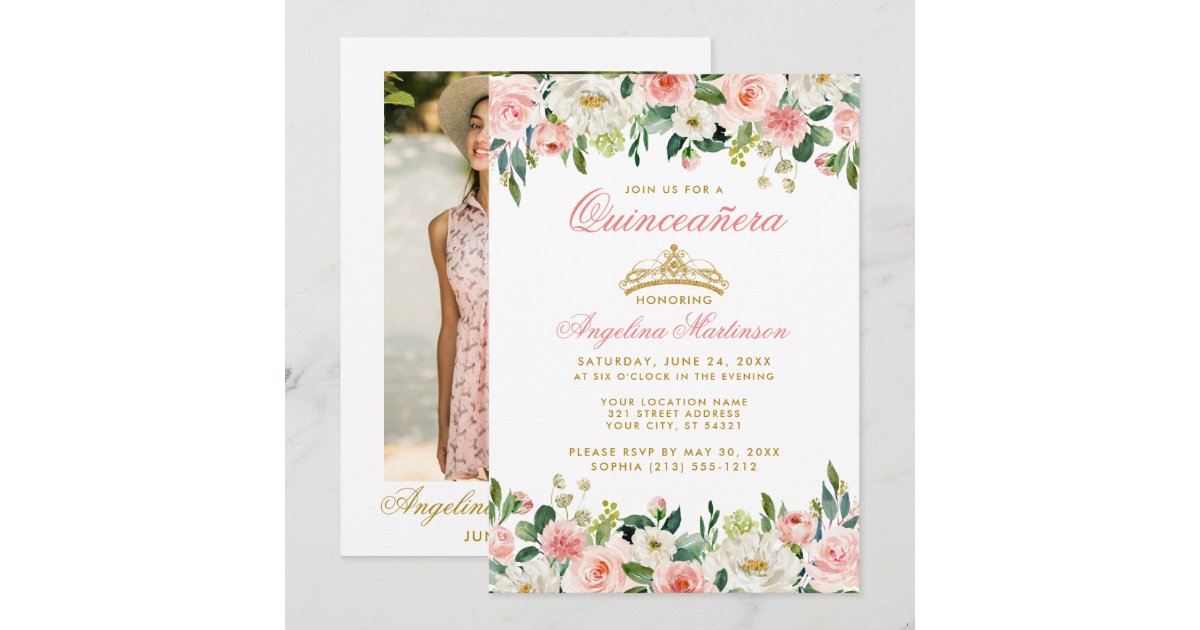 Invitación Foto de la corona de oro floral de Rubor rosa Quin | Zazzle.es
