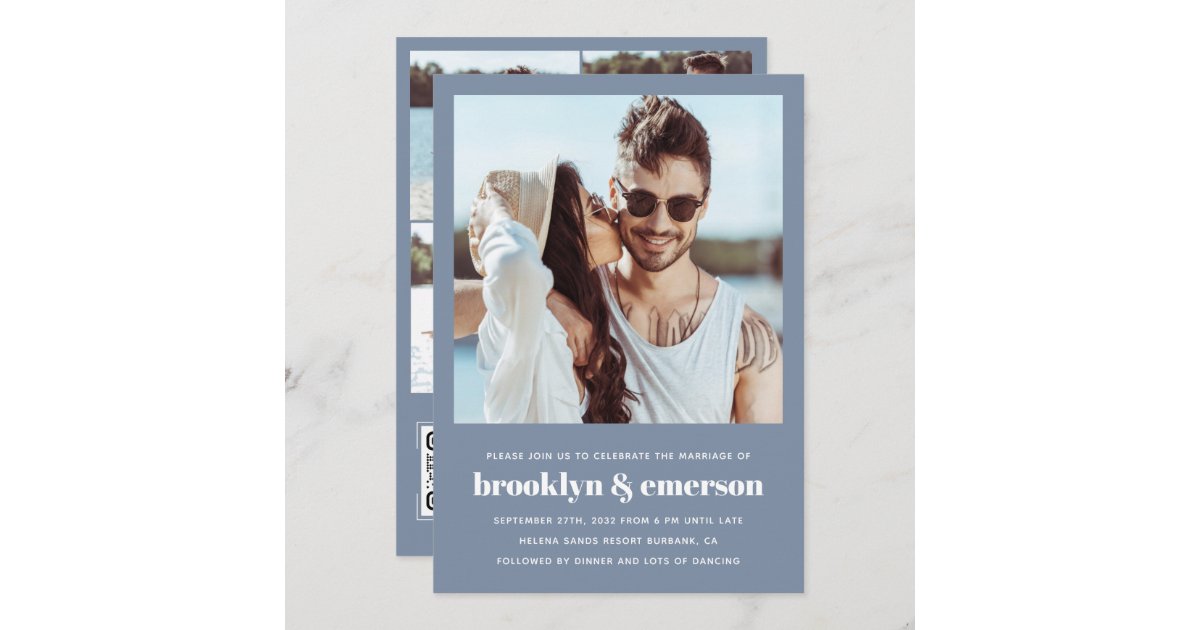 Invitación Foto moderna Código QR Boda azul turbio | Zazzle.es