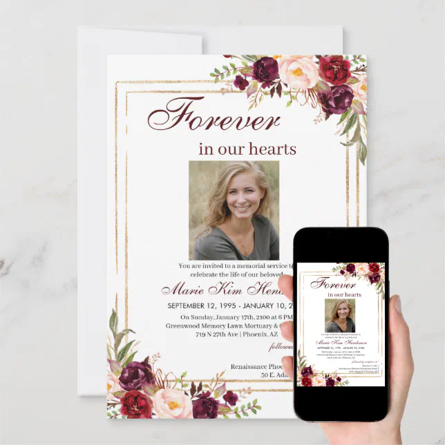 Invitación Funeral del Servicio Memorial de Oro Marsala Foto | Zazzle.es