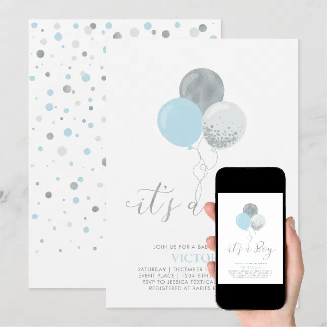 Invitación Globos azul y plateado | Es un Boy Baby Shower | Zazzle.es