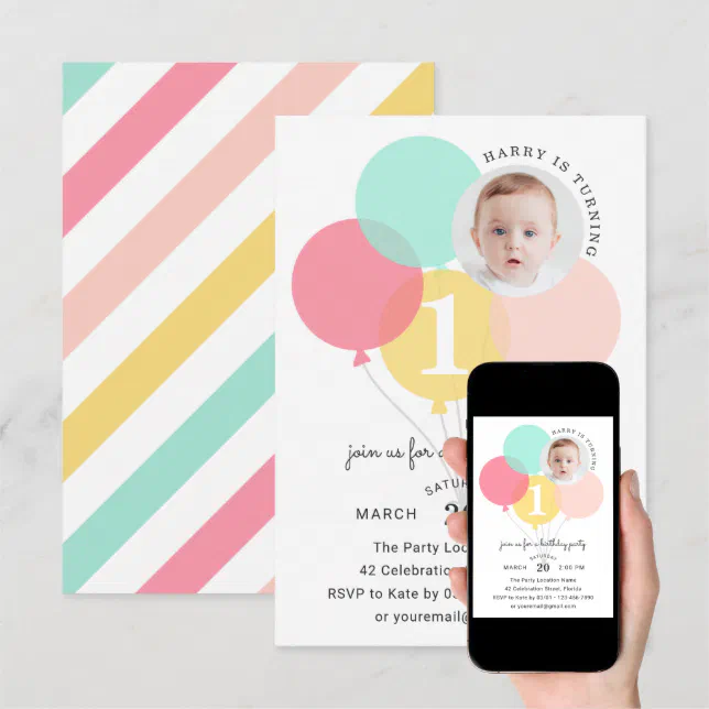 Invitación Globos modernos y elegantes Primera foto cumpleaño | Zazzle.es